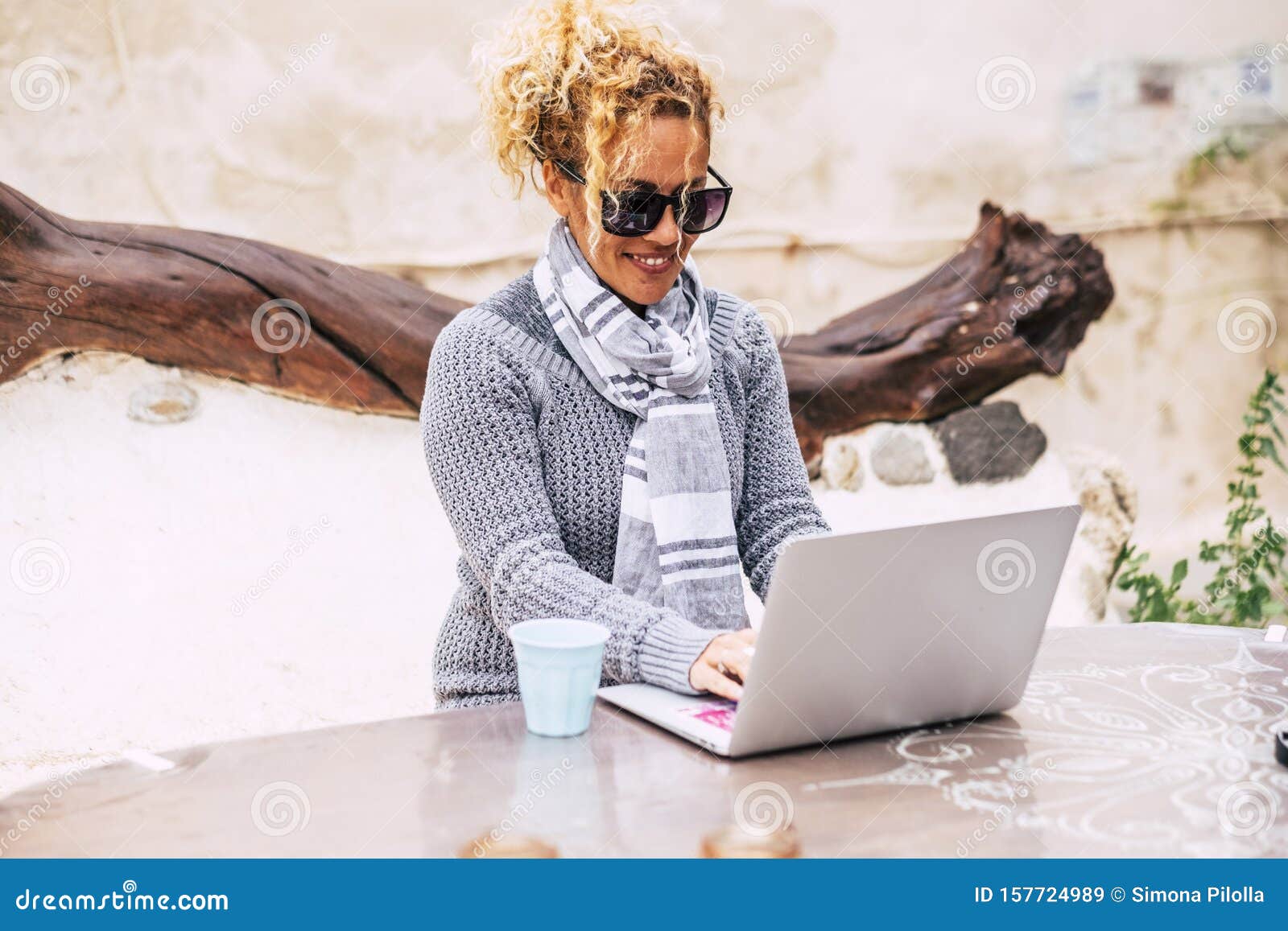 Technology Digital Nomad People Work Outdoor with Laptop Computer and ...