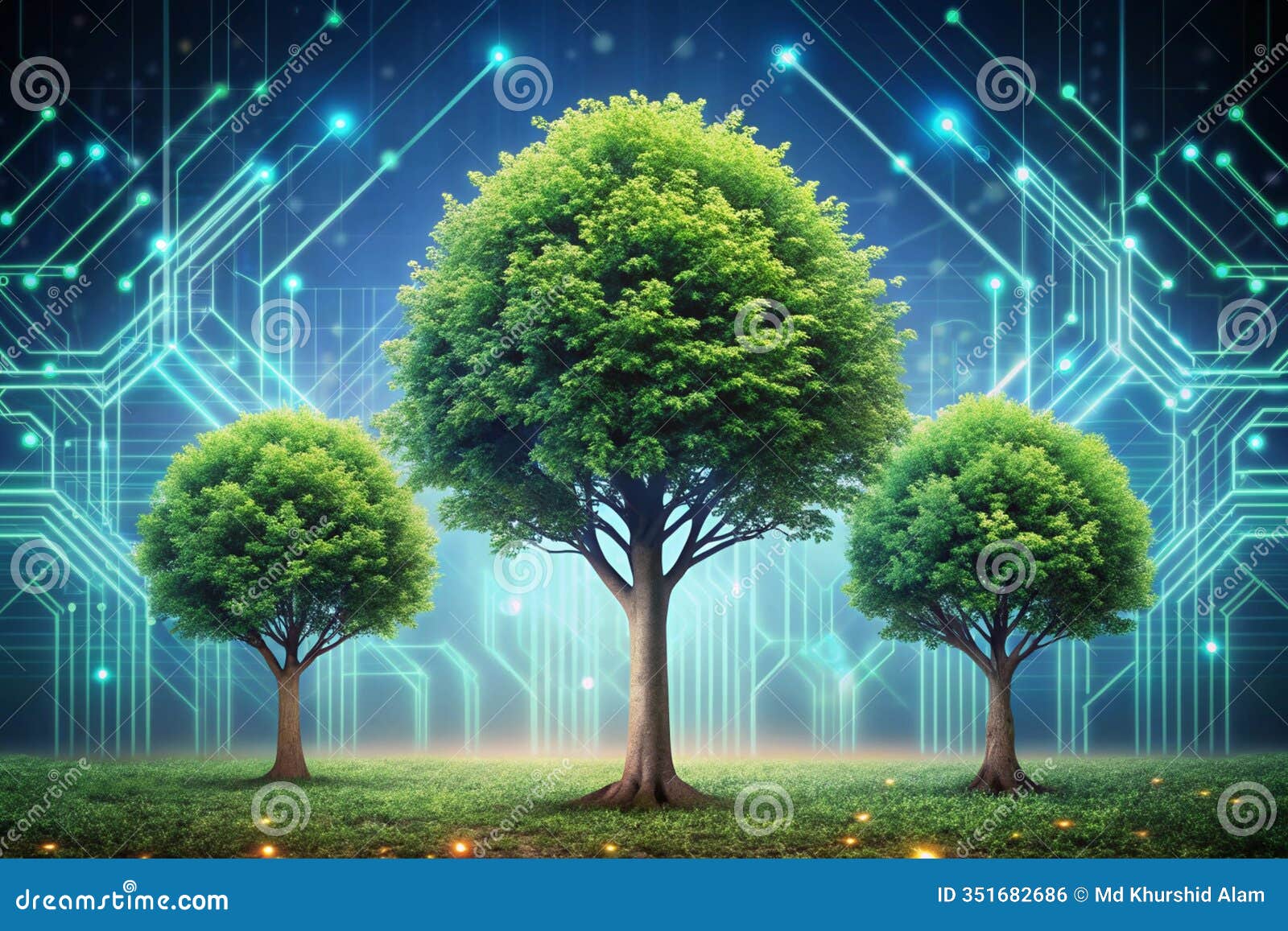 Technology Driven Urban Forest with Glowing Digital Elements Stock ...