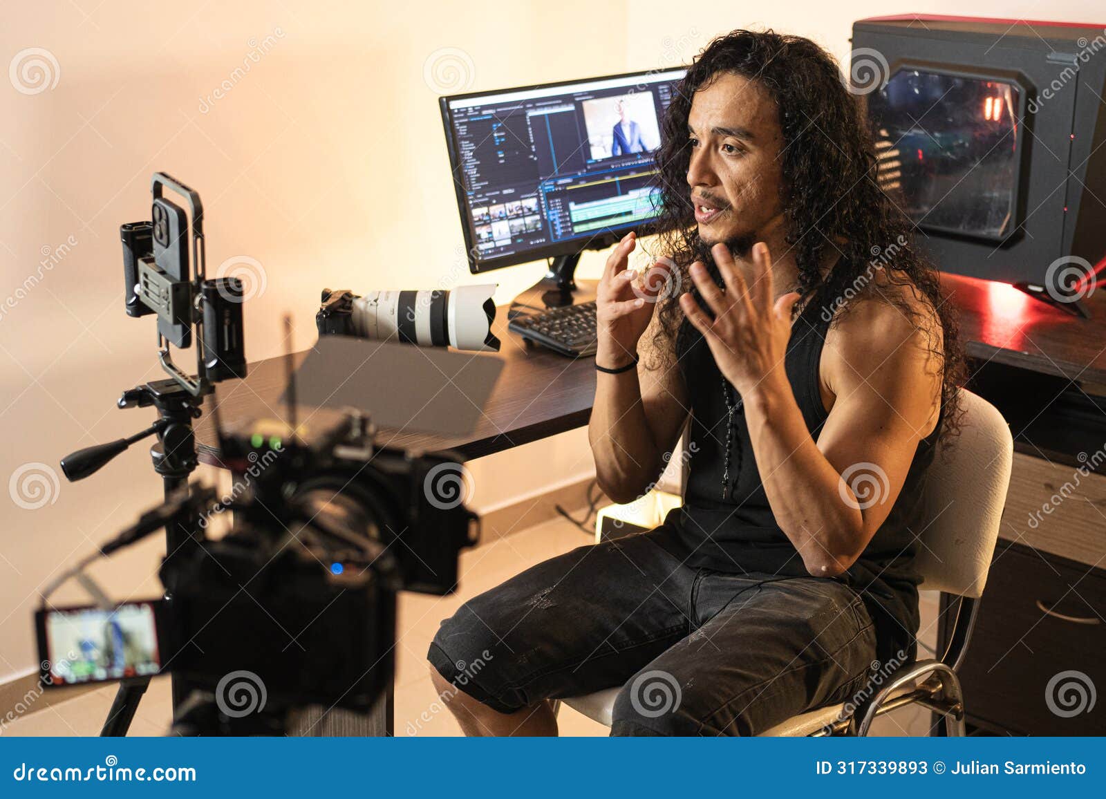 Technology-Driven Video Production. Content Creator Immersed in His ...