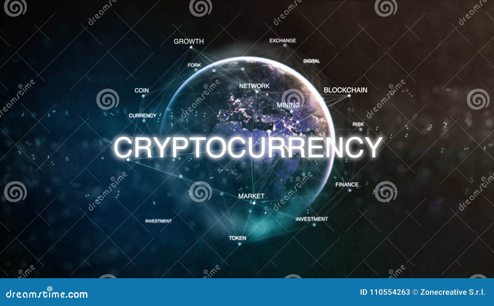 Technology Earth from Space Word Set with Cryptocurrency in Focus ...