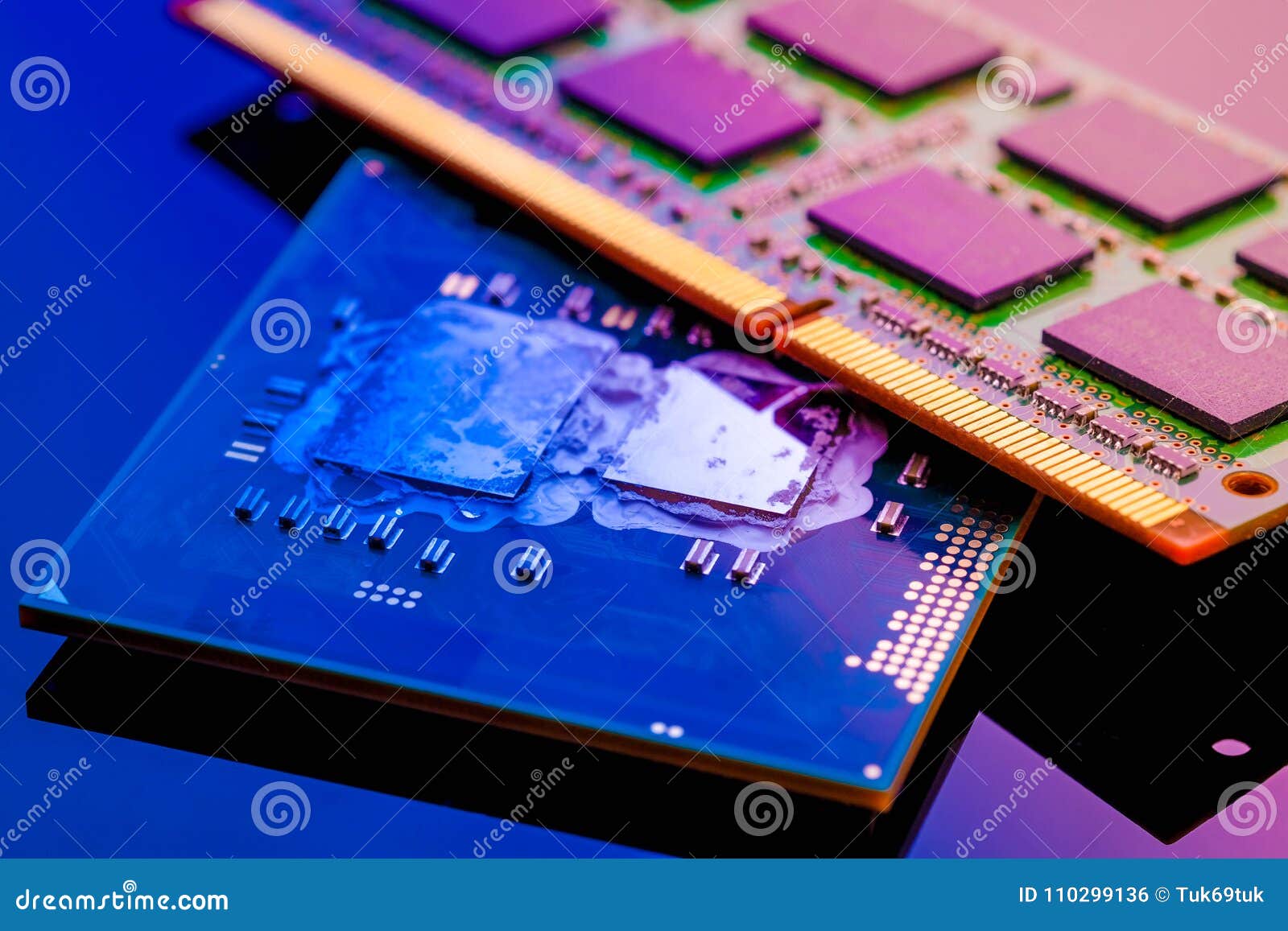 Technology Electronic Concept. Cpu Ram Computer on Blue Li Stock Photo ...
