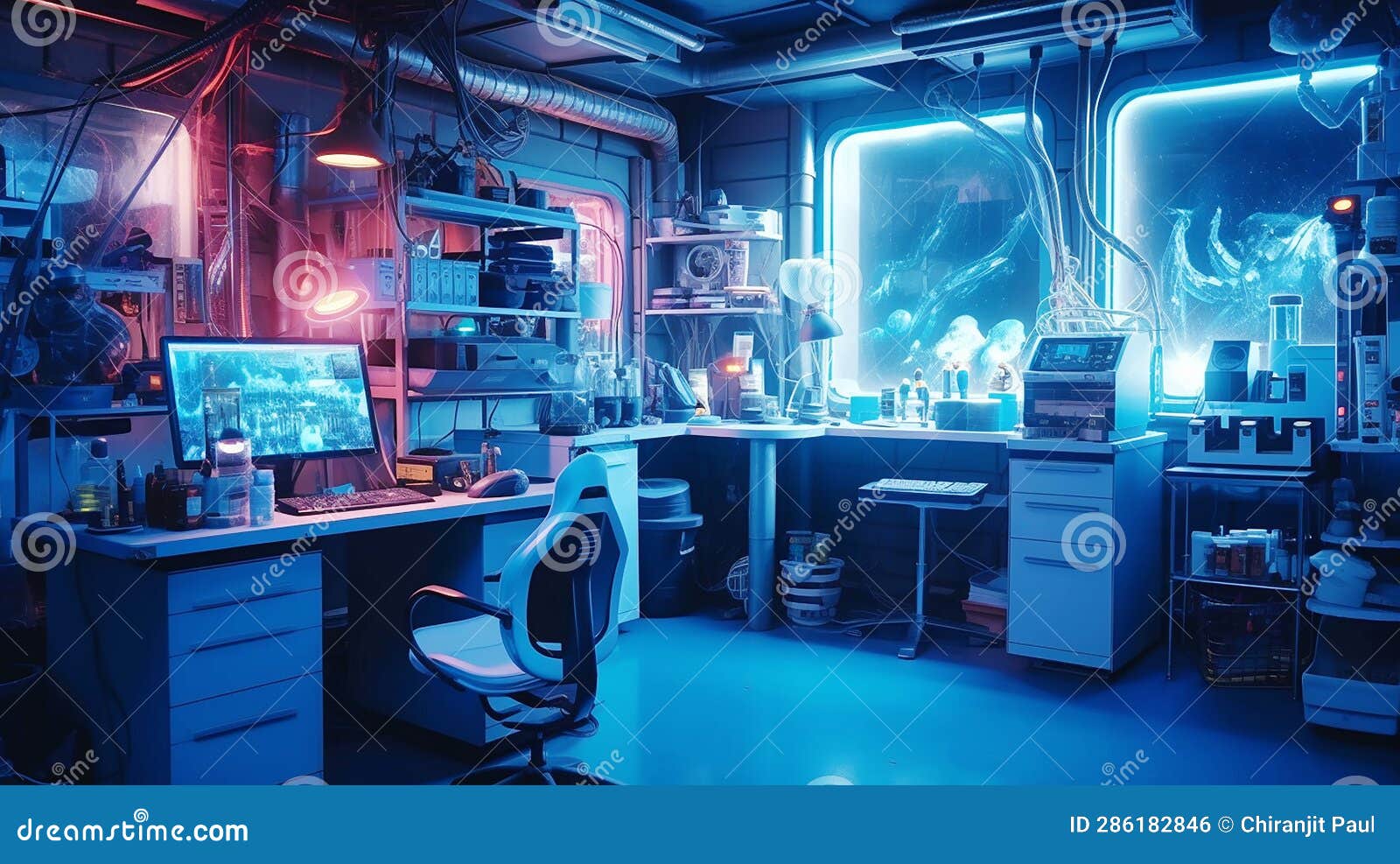 Technology and Equipment in a Blue Laboratory Background Stock Photo ...