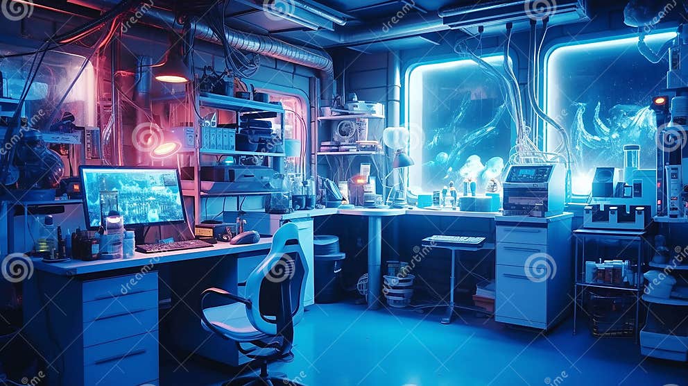 Technology and Equipment in a Blue Laboratory Background Stock Photo ...