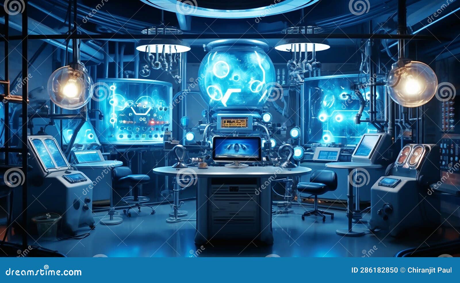 Technology and Equipment in a Blue Laboratory Background Stock Photo ...