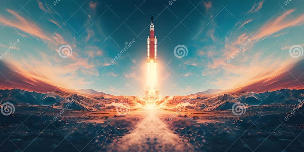 Technology and Exploration Symbolized by Rocket Launching into Space with NASA Image Elements ...
