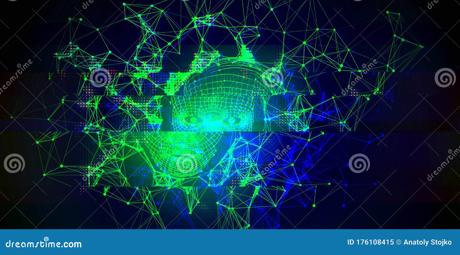 Technology Glitch Color Background with Grid Face on Black. Futuristic ...