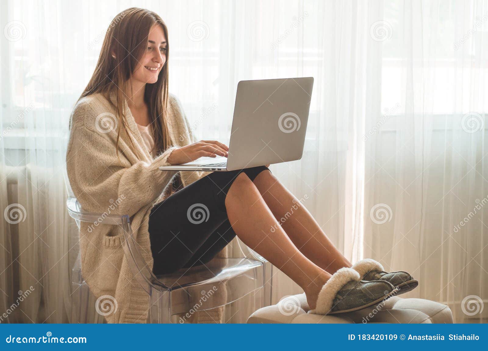 Technology, Home. Female Working with the Laptop Computer, Sitting on ...