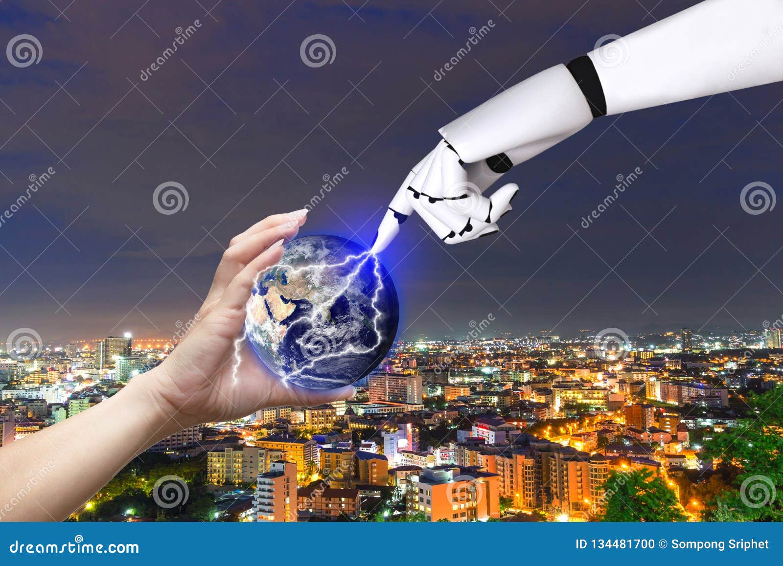 Technology Human Hand Globe Robot of Earth Image Provided by Nasa Stock ...