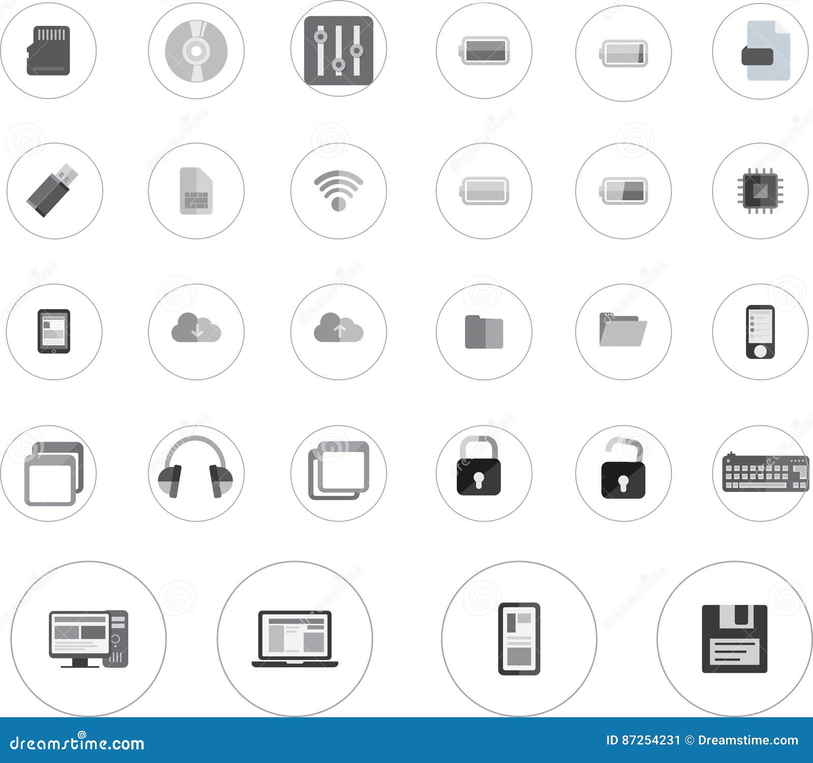 Technology Icons Set Black&white Round Stock Vector - Illustration of ...