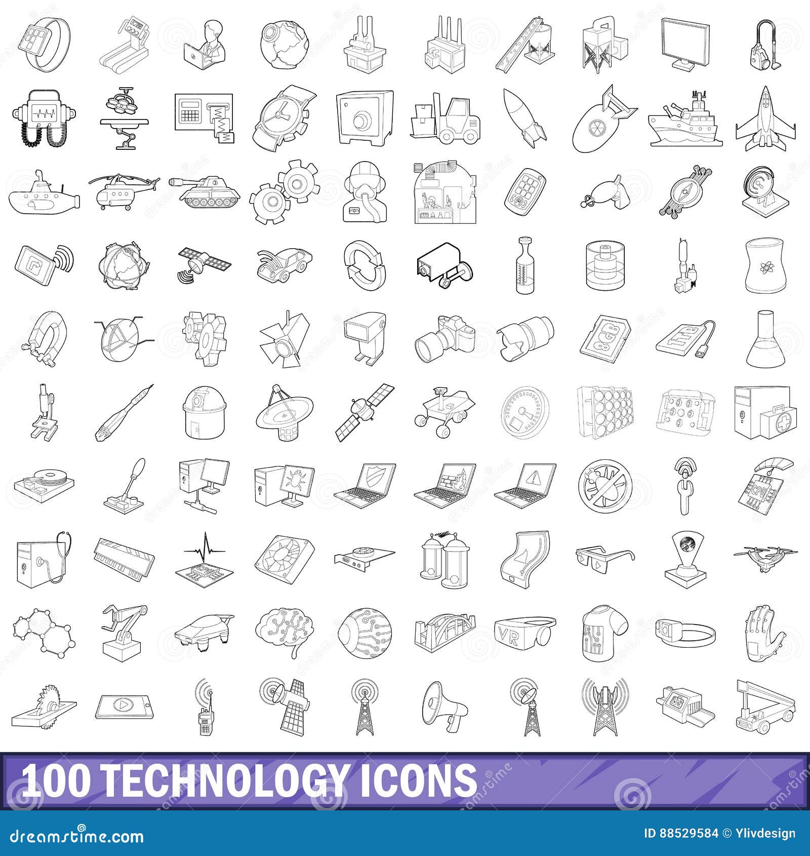 100 Technology Icons Set, Outline Style Stock Vector - Illustration of ...
