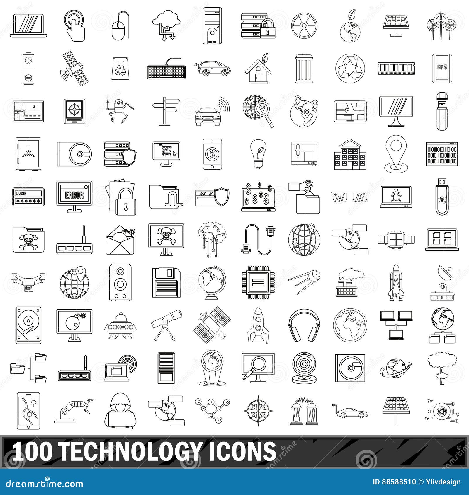 100 Technology Icons Set, Outline Style Stock Vector - Illustration of ...