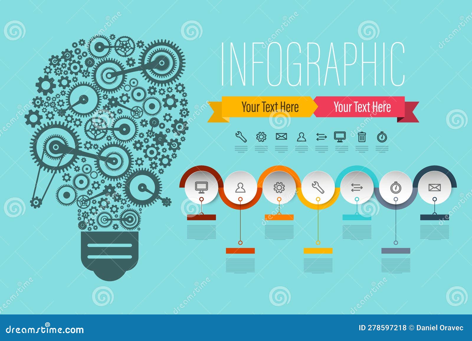 Technology Infographic Design with Bulb Made from Cogs and Icons Stock ...
