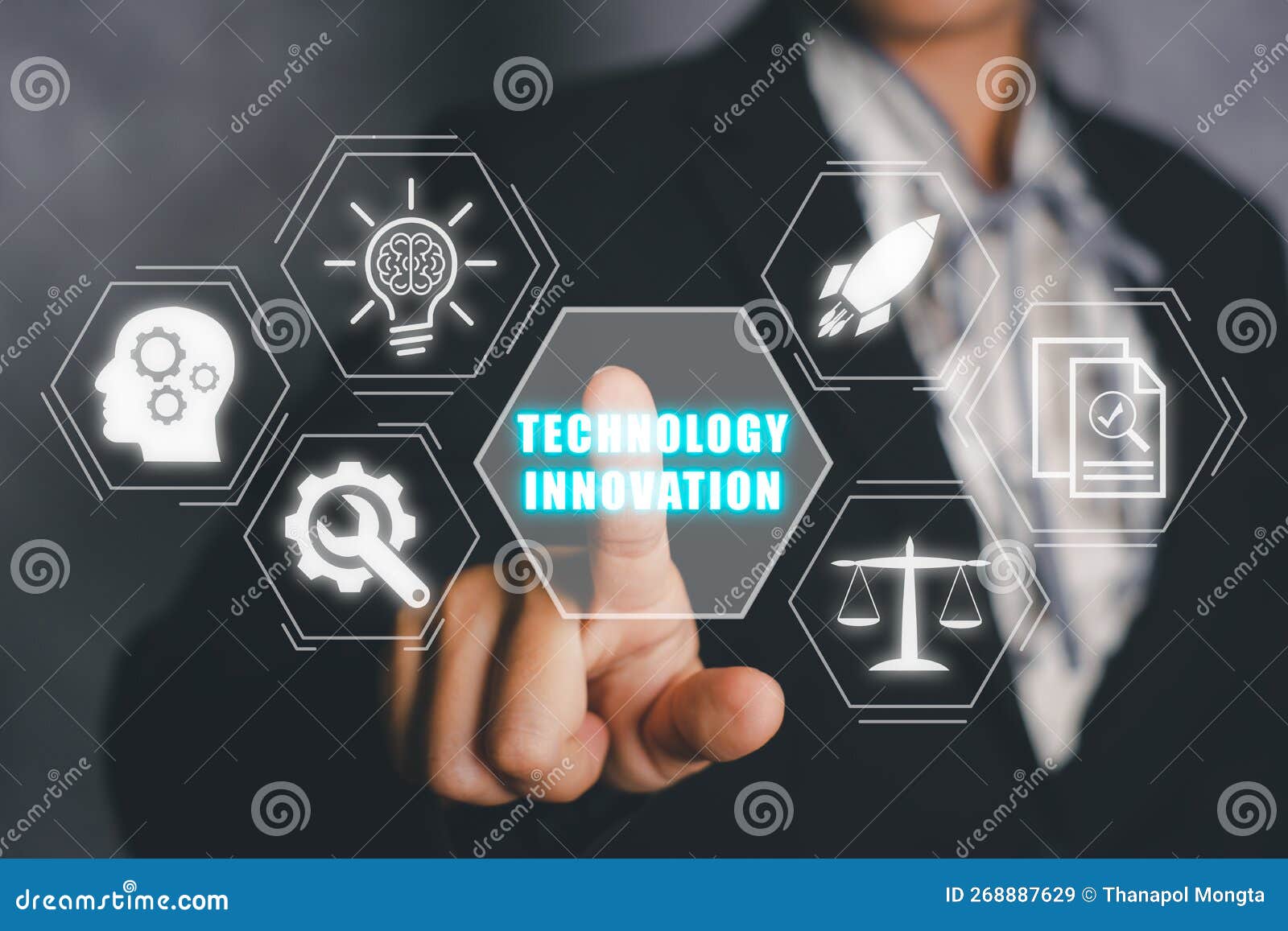 Business Person Hand Touching Technology Innovation Icon on Virtual ...