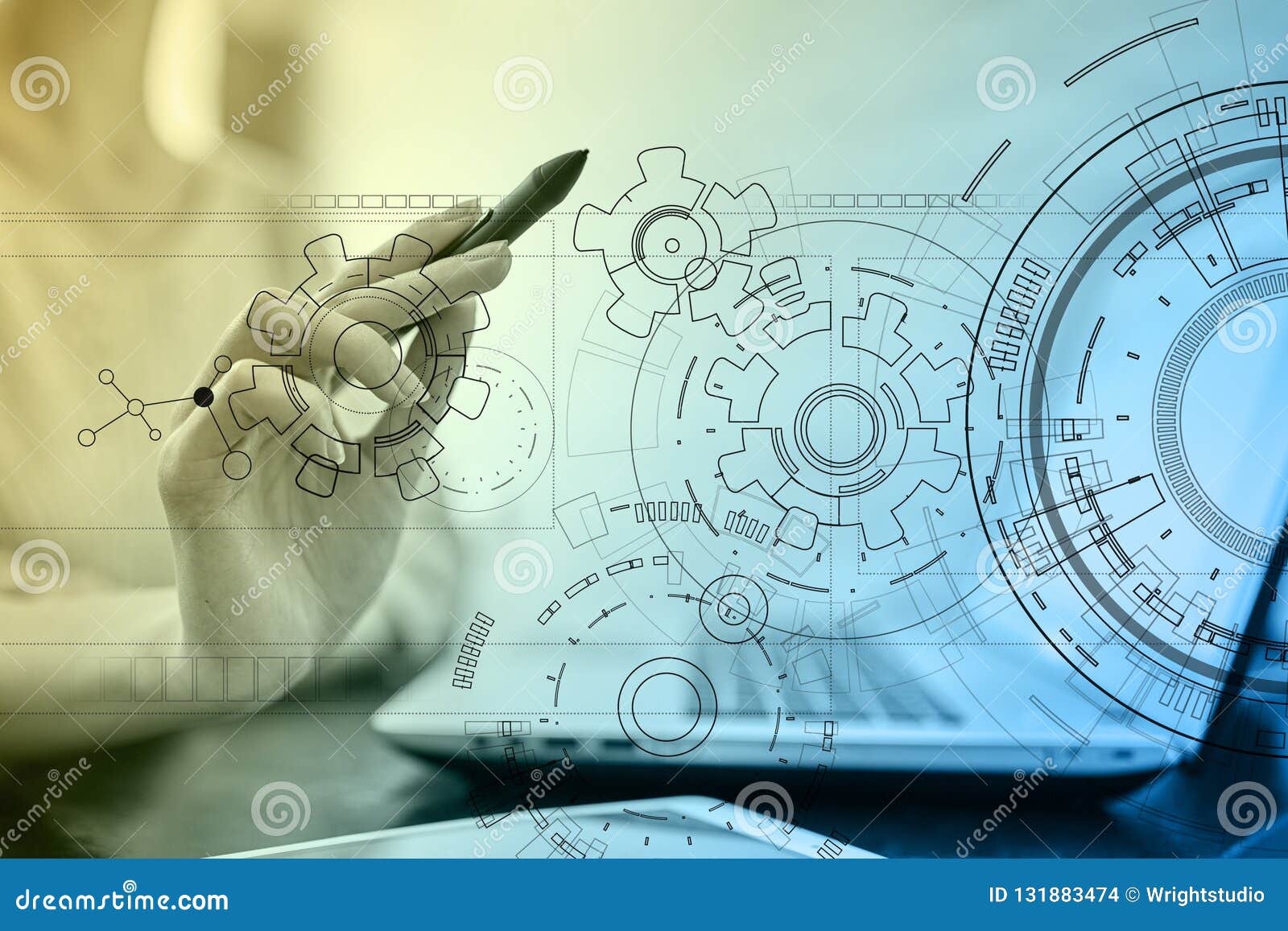 Technology Interface Background with Gears Draft. Engineering, Business ...