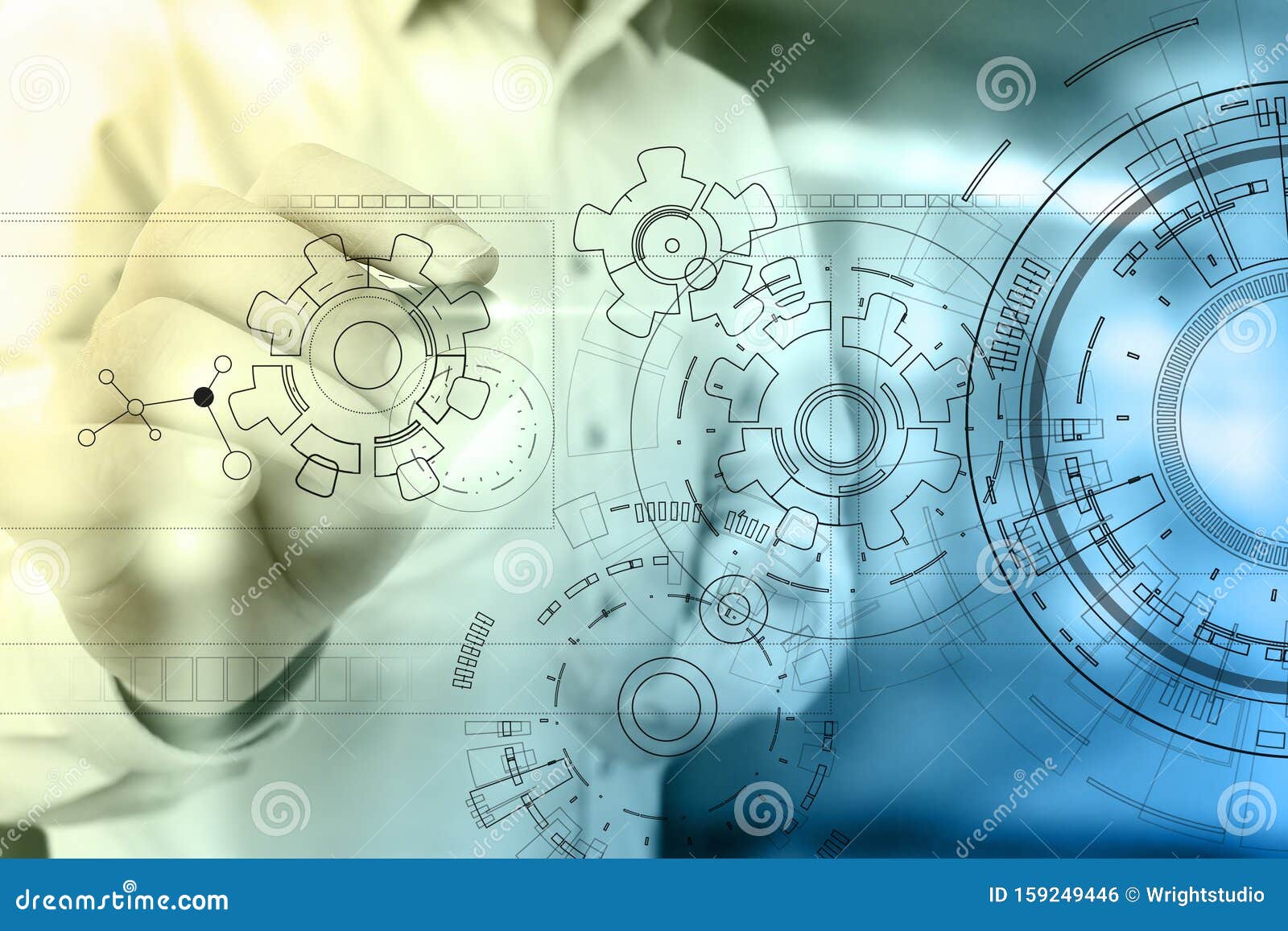 Technology Interface Background with Gears Draft. Engineering, Business ...