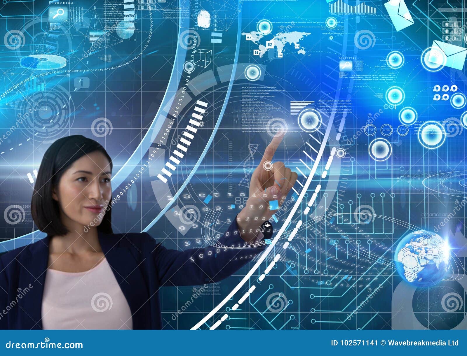 Technology Interface and Businesswoman Touching Air in Front of ...