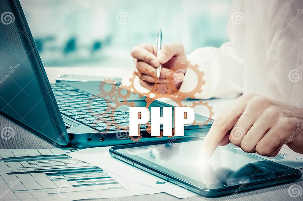 Technology and Internet Concept - Businessman Holds the Php Button on ...