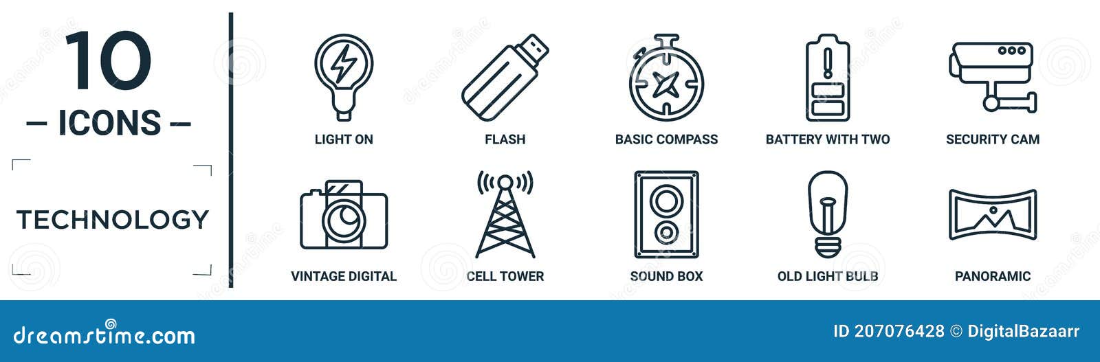 Technology Linear Icon Set. Includes Thin Line Light on, Basic Compass ...