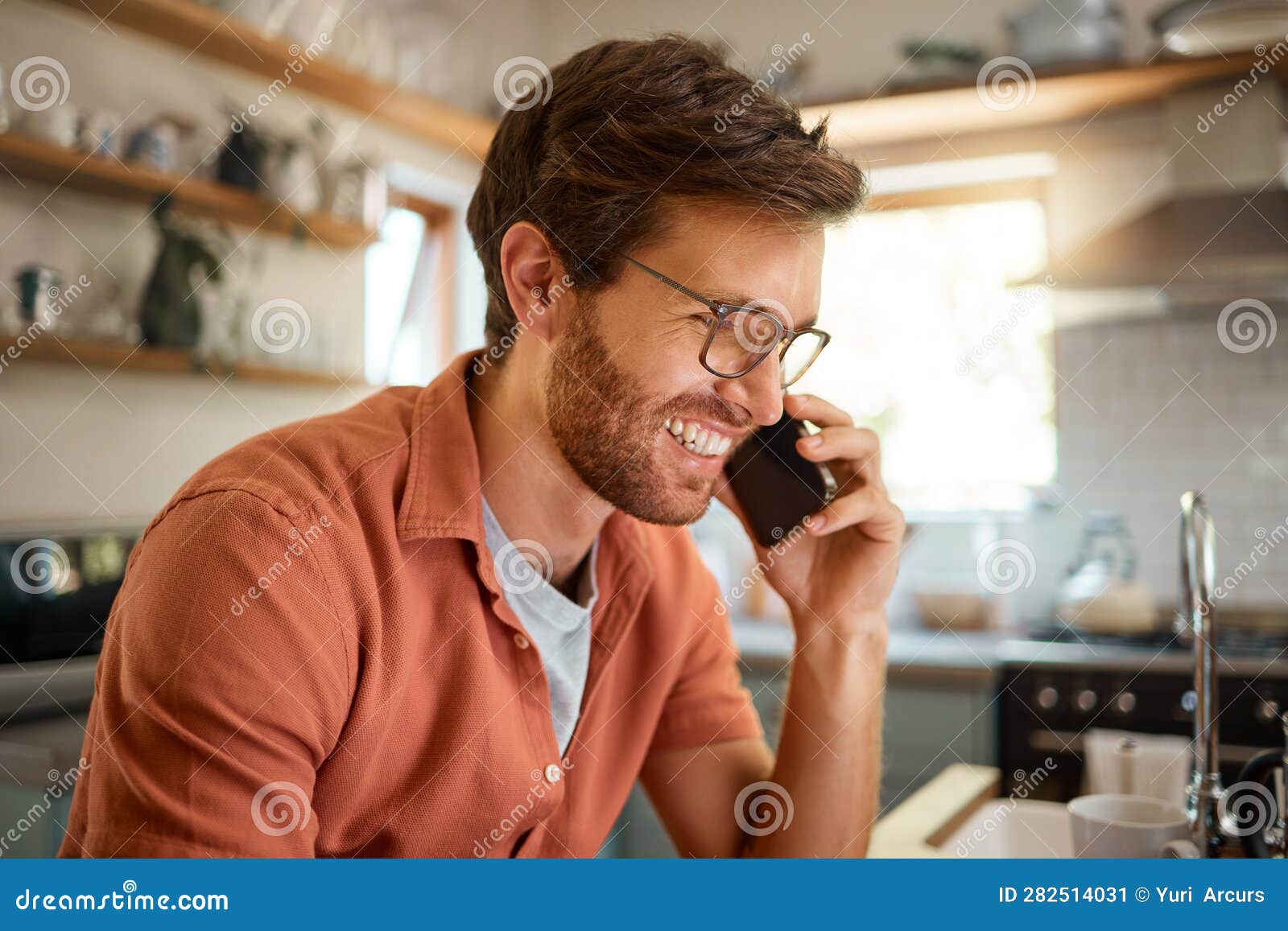 Technology, Man on a Phone Call and Happy in a Kitchen for Remote Work ...