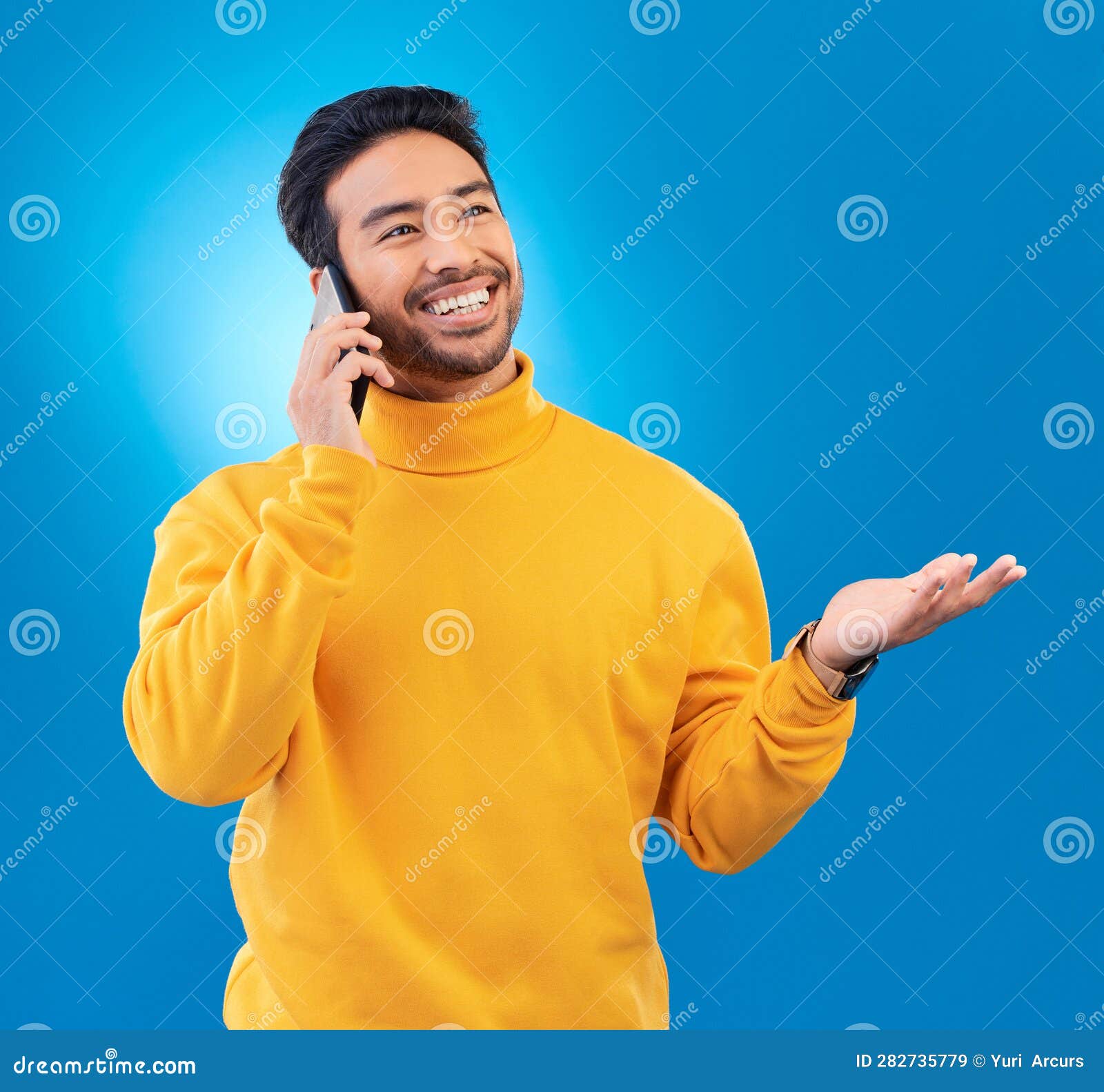 Technology, Man and Smartphone Against a Blue Background and Happy for ...