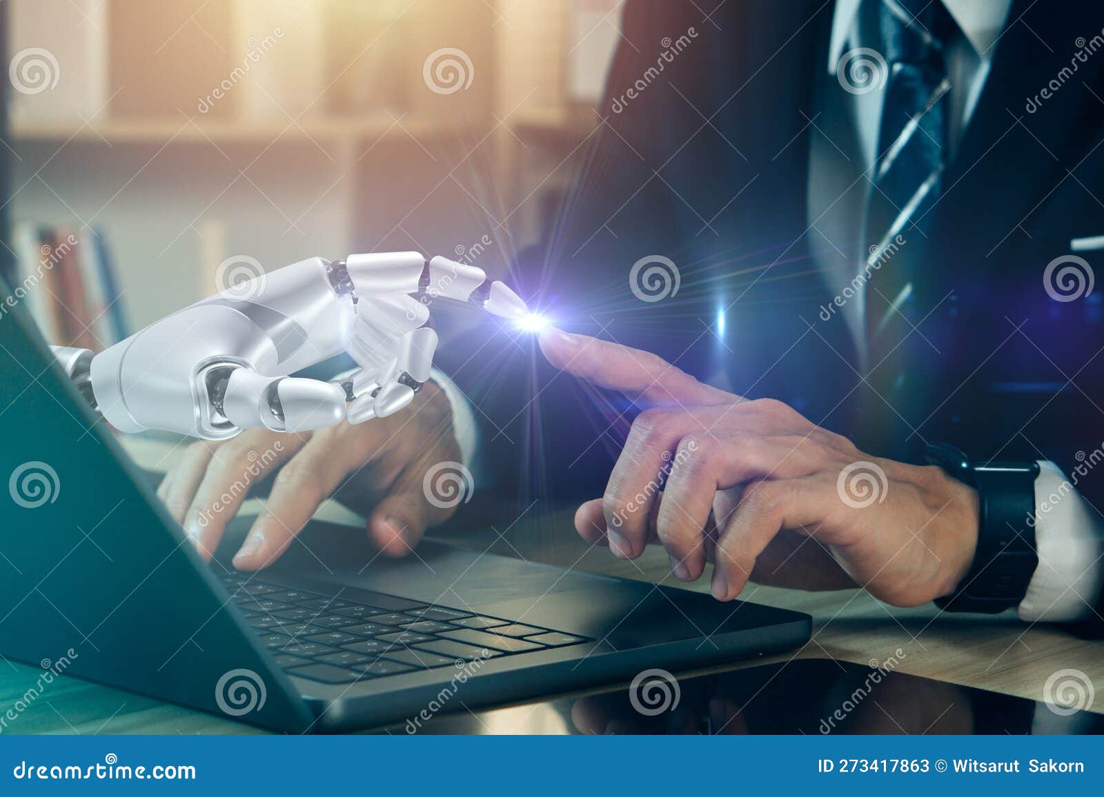 Technology Meets Humanity.Cyborg Finger Touching Human Finger.AI ...