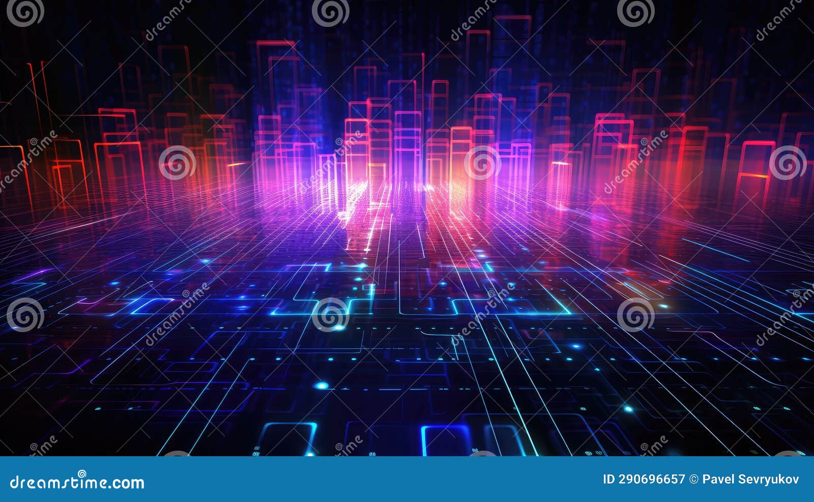 Technology Neon Circuit Grid Stock Illustration - Illustration of scifi ...