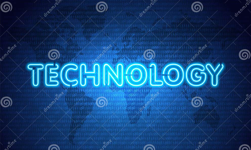 Technology. Neon Symbol on Blue Map Background with Binary Code. Data ...
