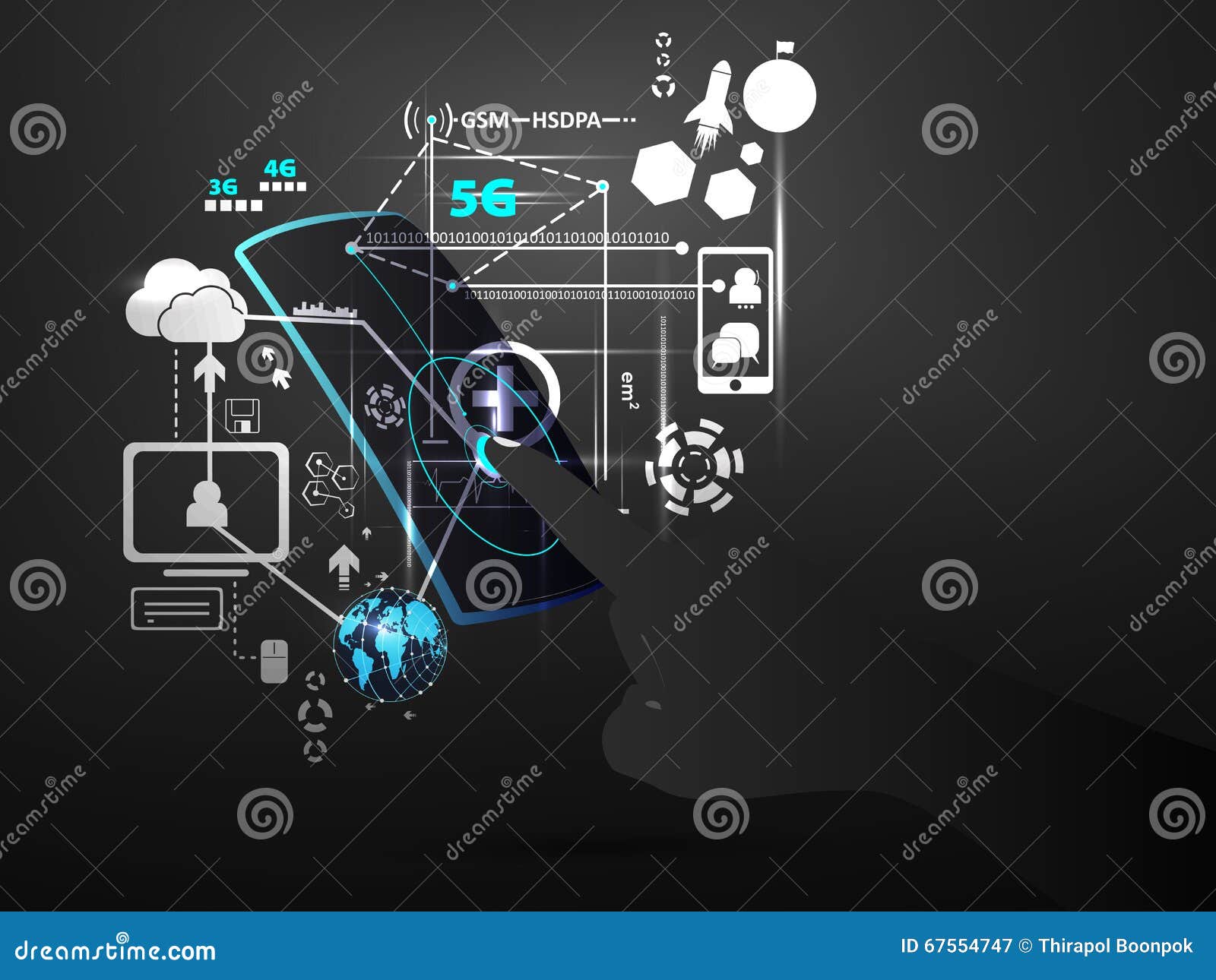 Technology Network Connection Lines Data with Hand Touch Screen Mobile ...