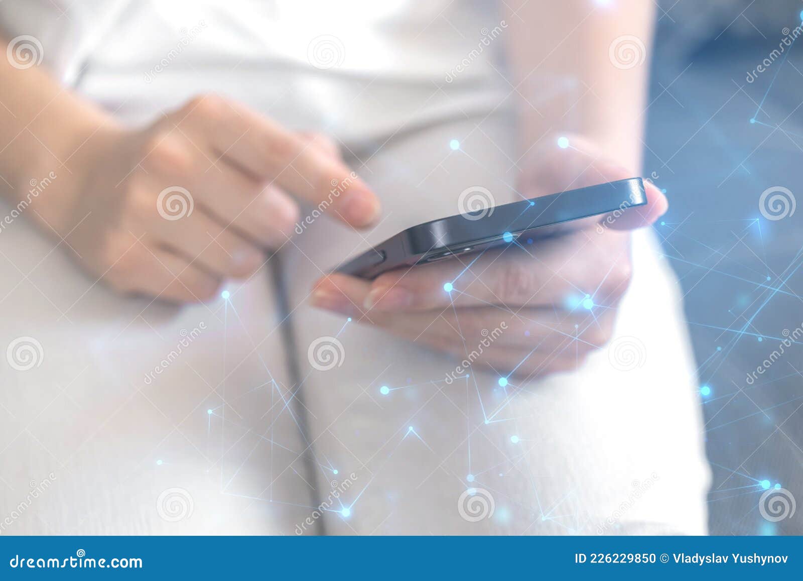 Technology Networking Concept, Woman Using Smartphone with Abstract ...