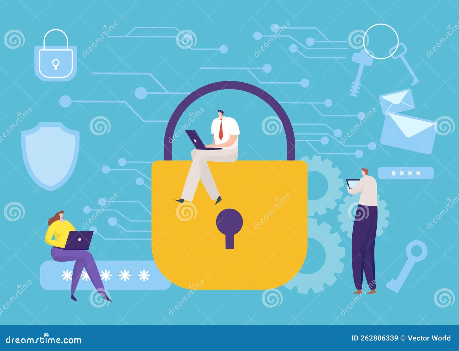 Technology Personal Cyber Data Protection, Tiny Programmer Character ...