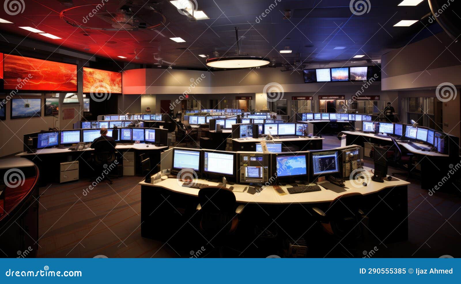 Modern Control Room Multiple Personal Computer Monitors Showing Coding Language Program With