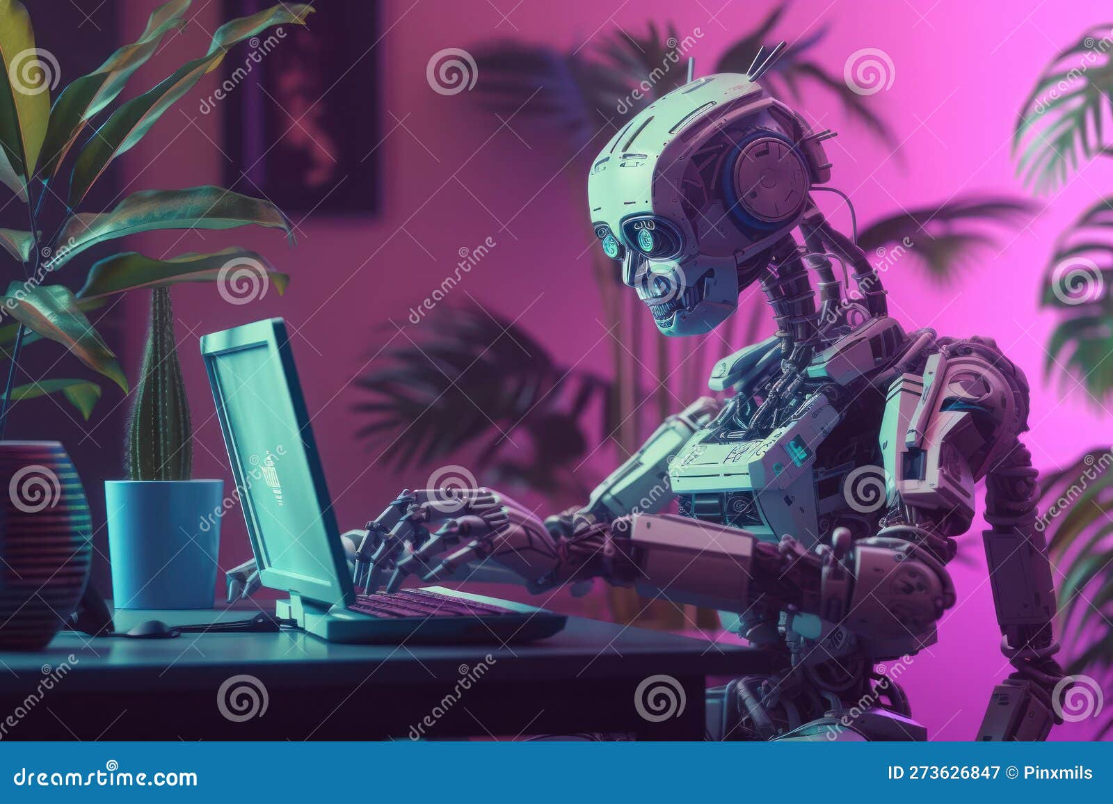 Robot Bot with Laptop. New Technologies. Artificial Intelligence. GPT ...