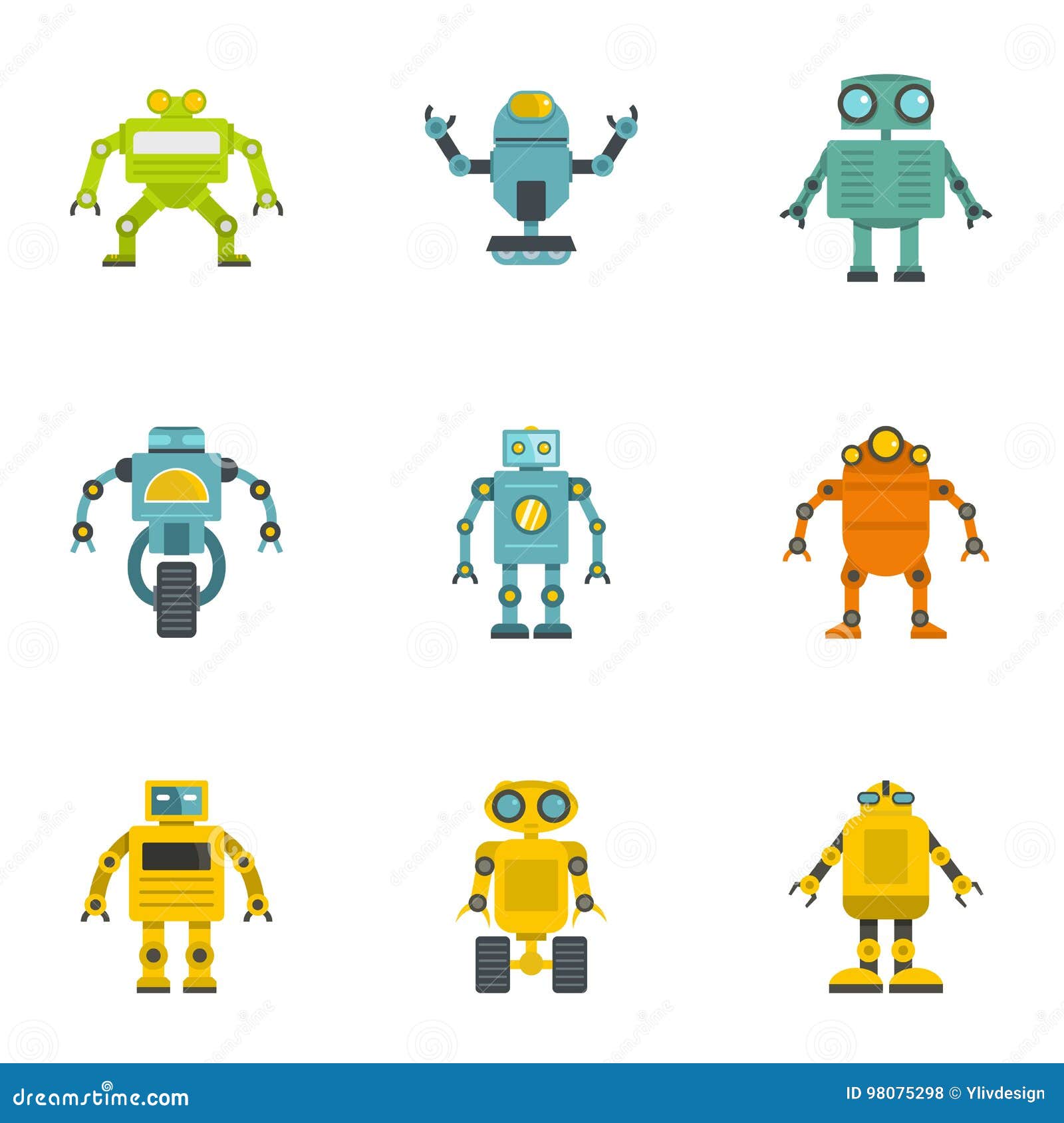 Technology Robot Icons Set, Flat Style Stock Vector - Illustration of ...