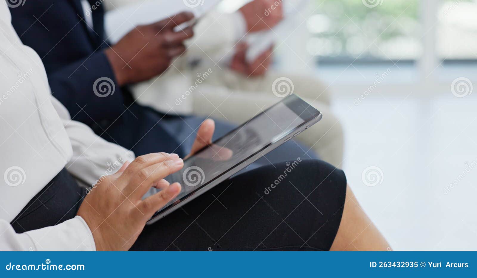 Technology, Row and Hands Typing on Tablet Waiting for Interview, Recruitment and Hiring in ...