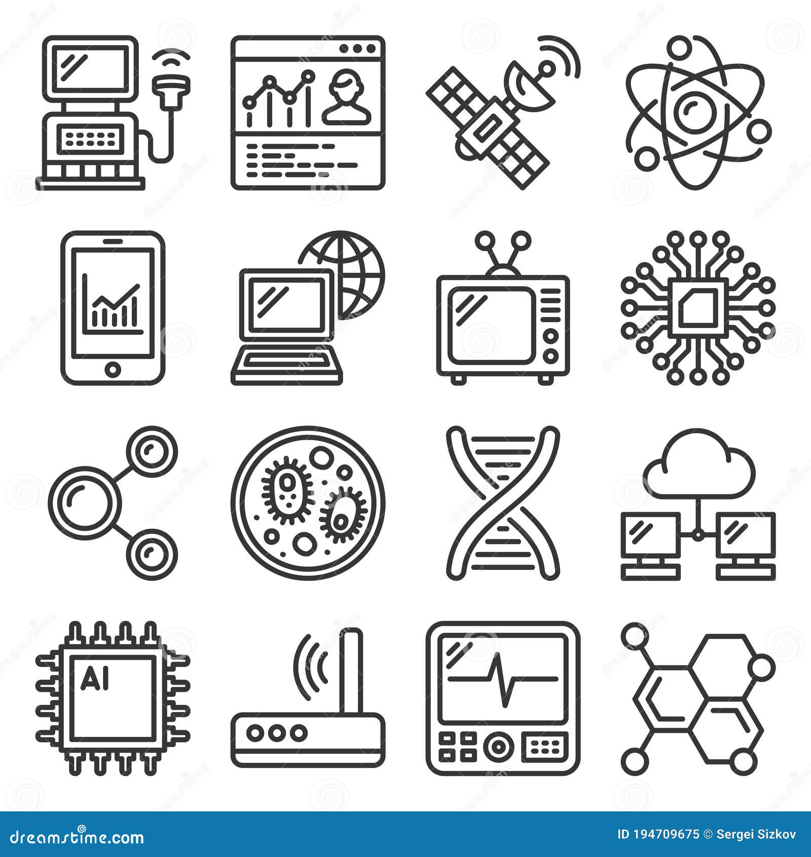 Technology and Science Icons Set on White Background. Vector Stock ...