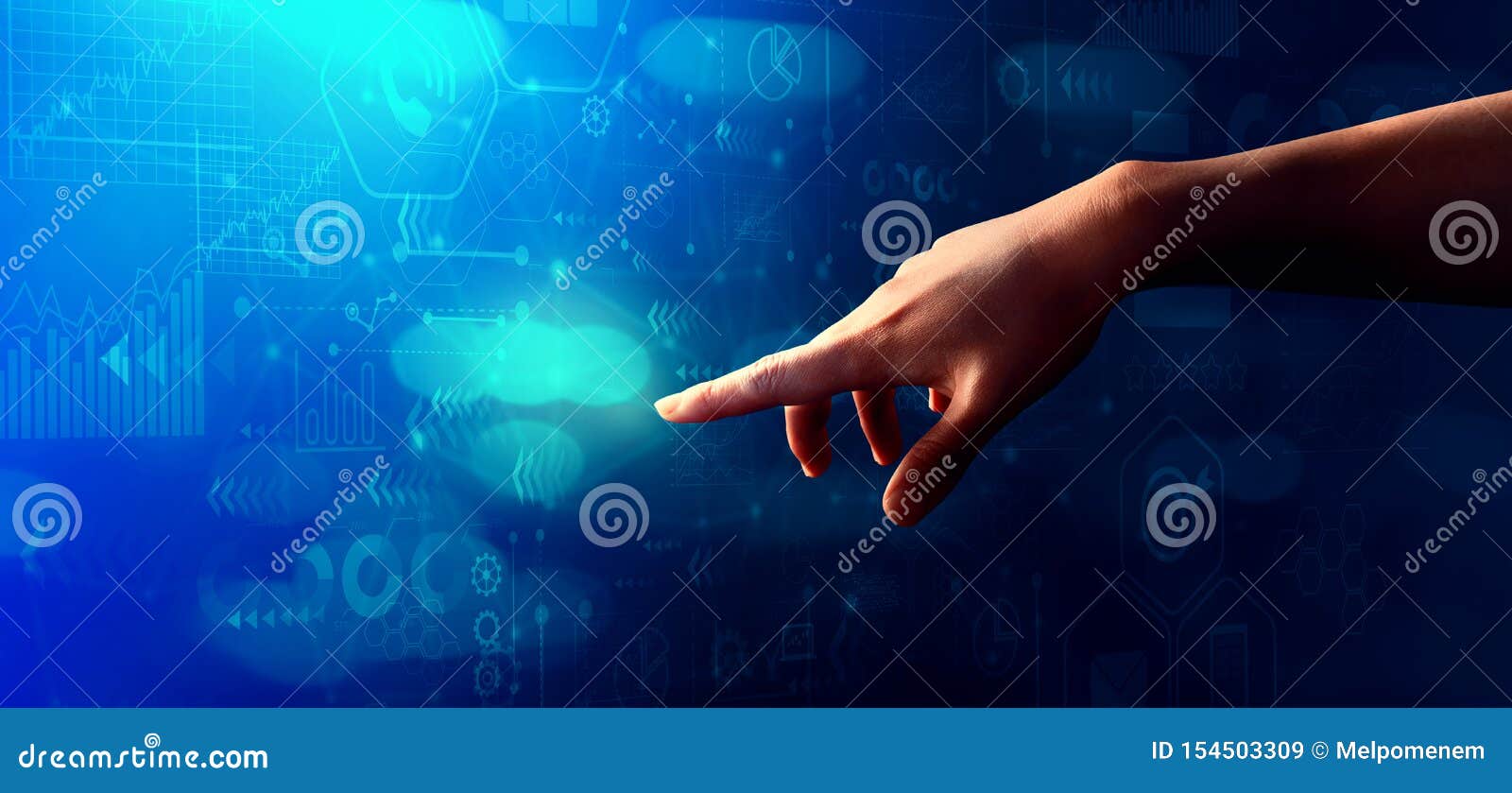 Technology Screen with Hand Pressing a Button Stock Image - Image of ...