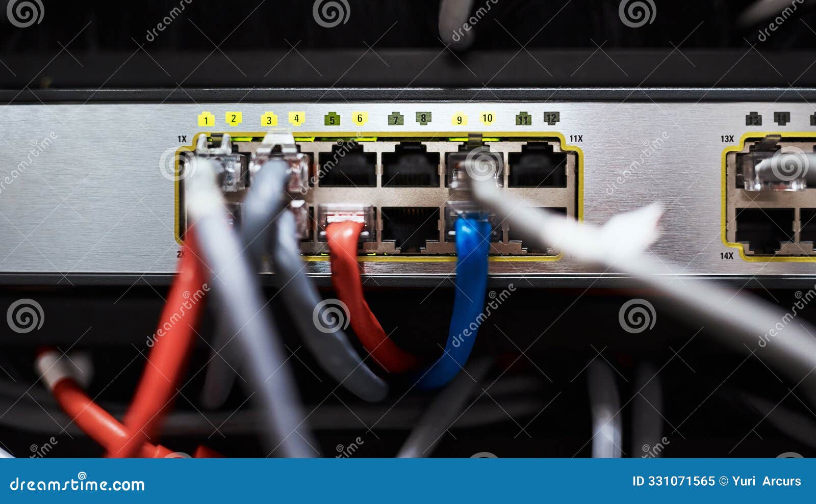 Technology, Server Room and Wires on Router for Network, Connection and ...