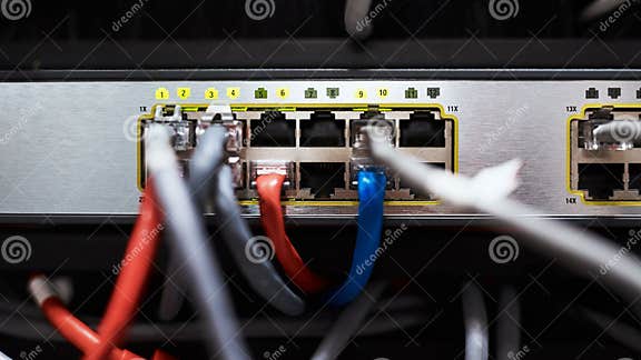 Technology, Server Room and Wires on Router for Network, Connection and ...