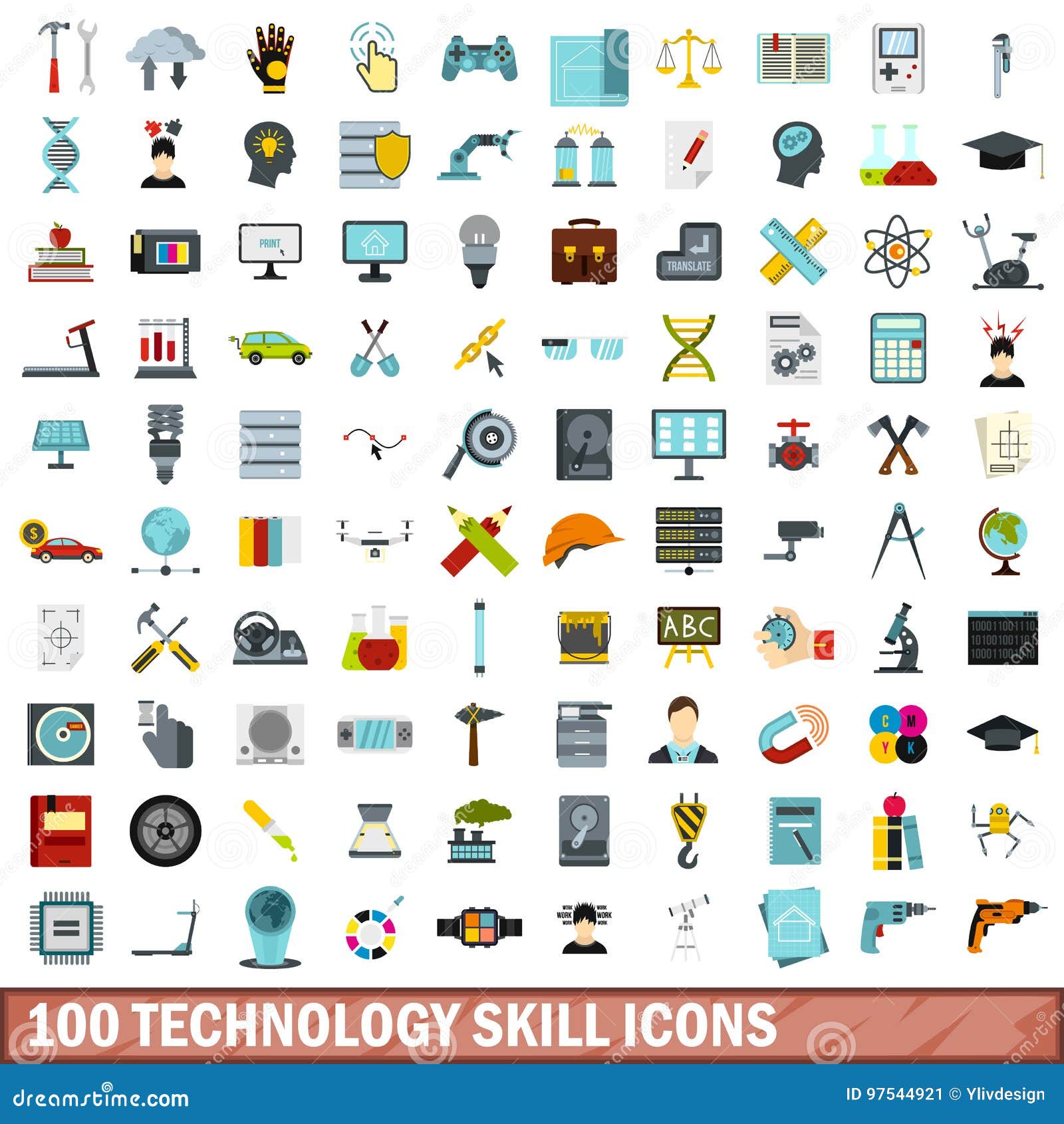 100 Technology Skill Icons Set, Flat Style Stock Vector - Illustration ...