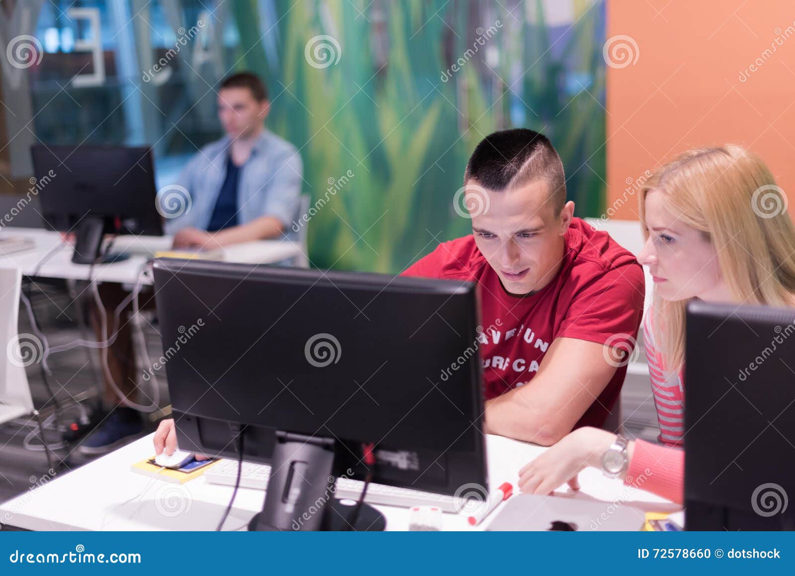 Technology Students Group Working In Computer Lab School Class Royalty ...