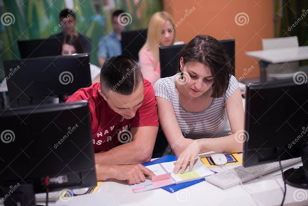 Technology Students Group Working in Computer Lab School Class Stock ...