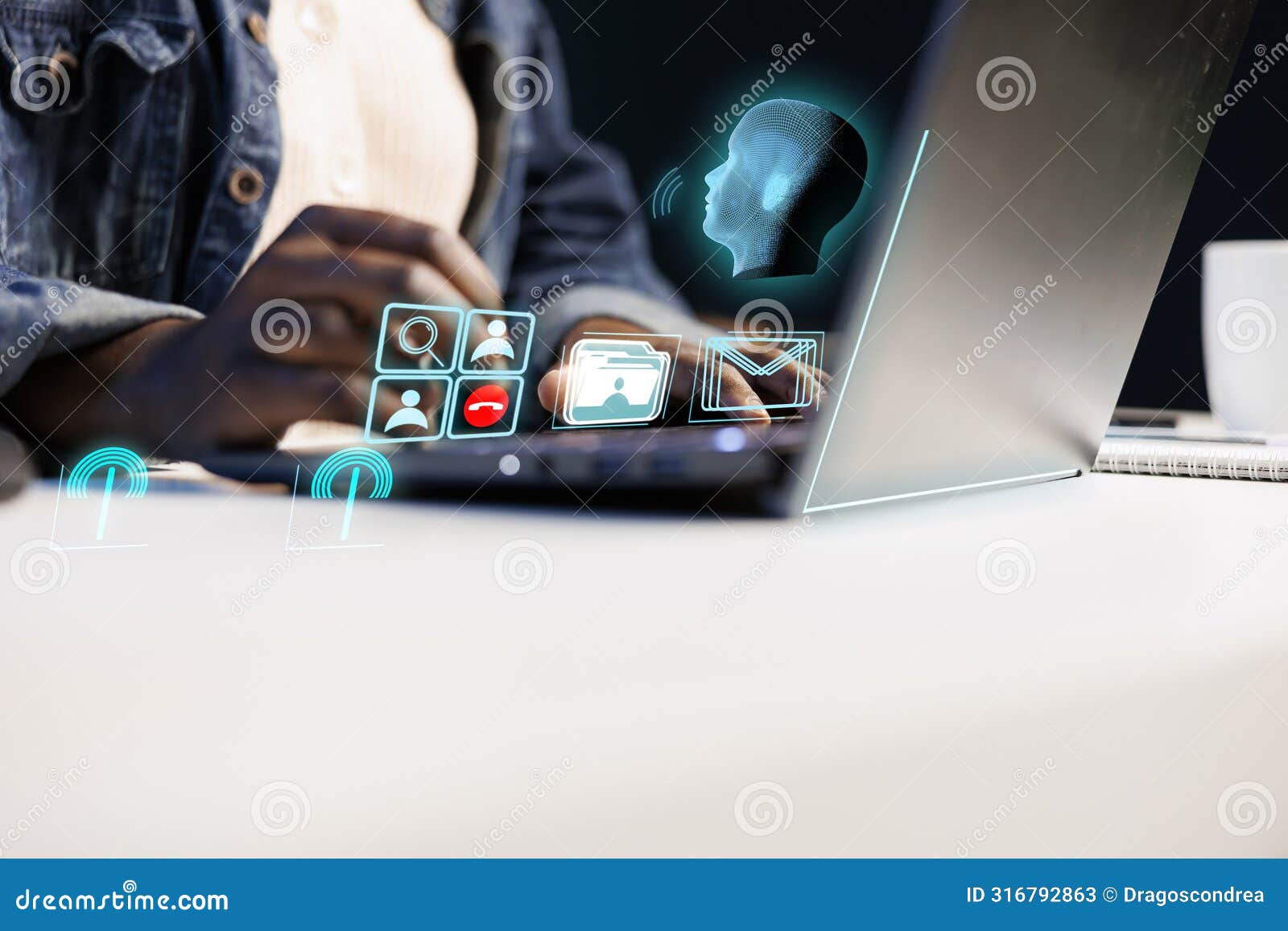 Technology User Working with AR Tech, App Icons Visualization, Close Up ...