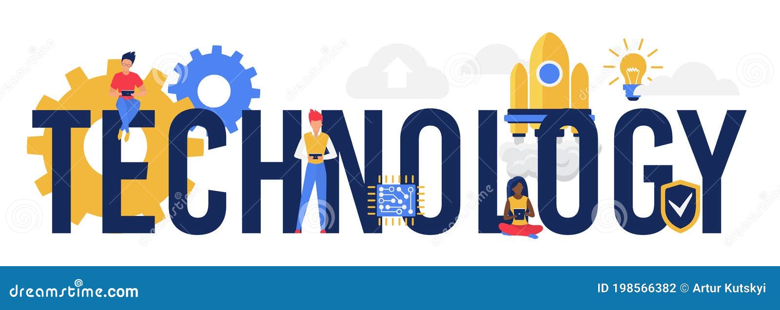 Technology Word Concept, Cartoon Innovative Idea Tech Symbols, People ...