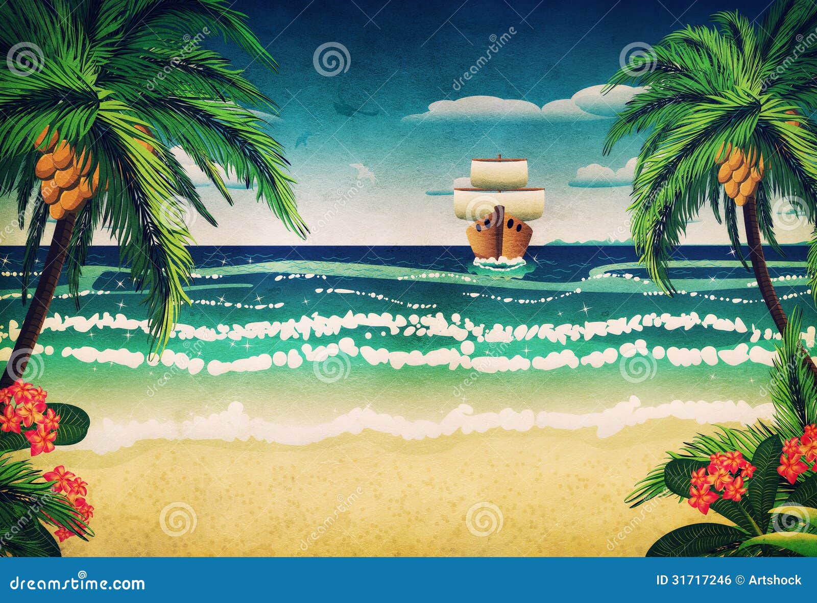 Tecknad Filmfartyg Och Strand Stock Illustrationer - Illustration av ...