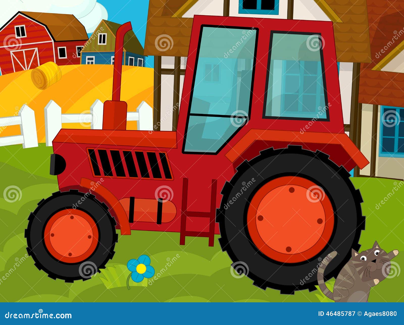 Tecknad Filmlantgårdplats - Traktor På Lantgården Stock Illustrationer ...