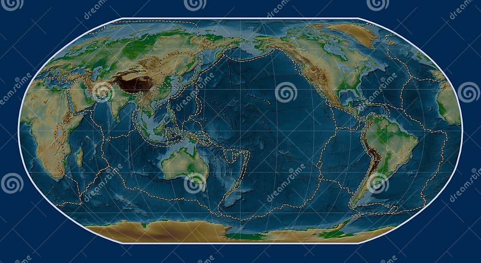 Tectonic Plate Boundaries on the World Physical Map - 180 PM. Ro Stock ...