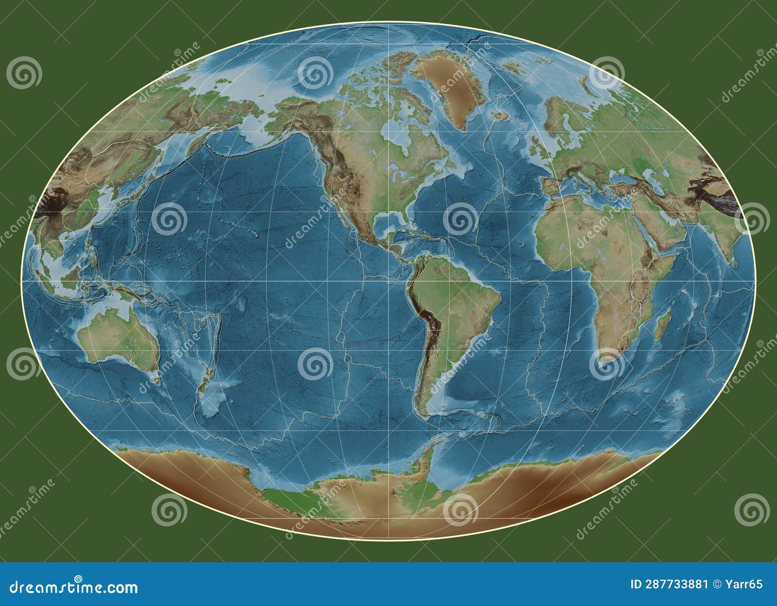 Tectonic Plates. Colored Elevation. Fahey Projection -90 West Stock ...