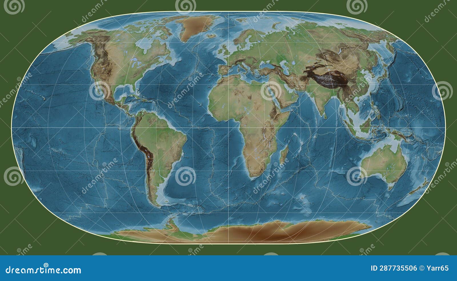 Tectonic Plates. Colored Elevation. Natural Earth II Projection Stock ...