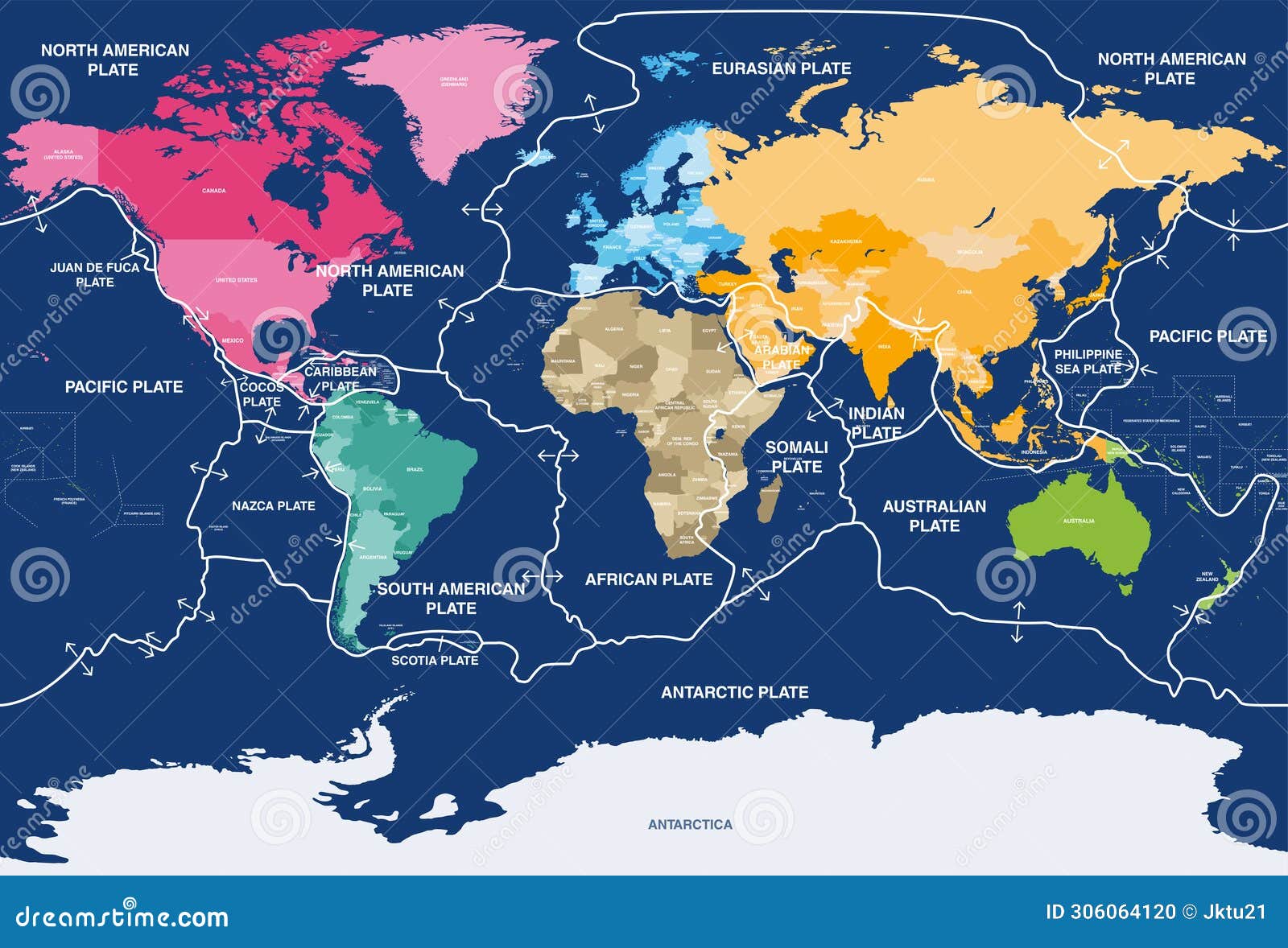 Tectonic Plates On Earth's Surface. World Map With Names Of Countries ... Tectonic Plates On Earth's Surface. World Map With Names Of Countries ...