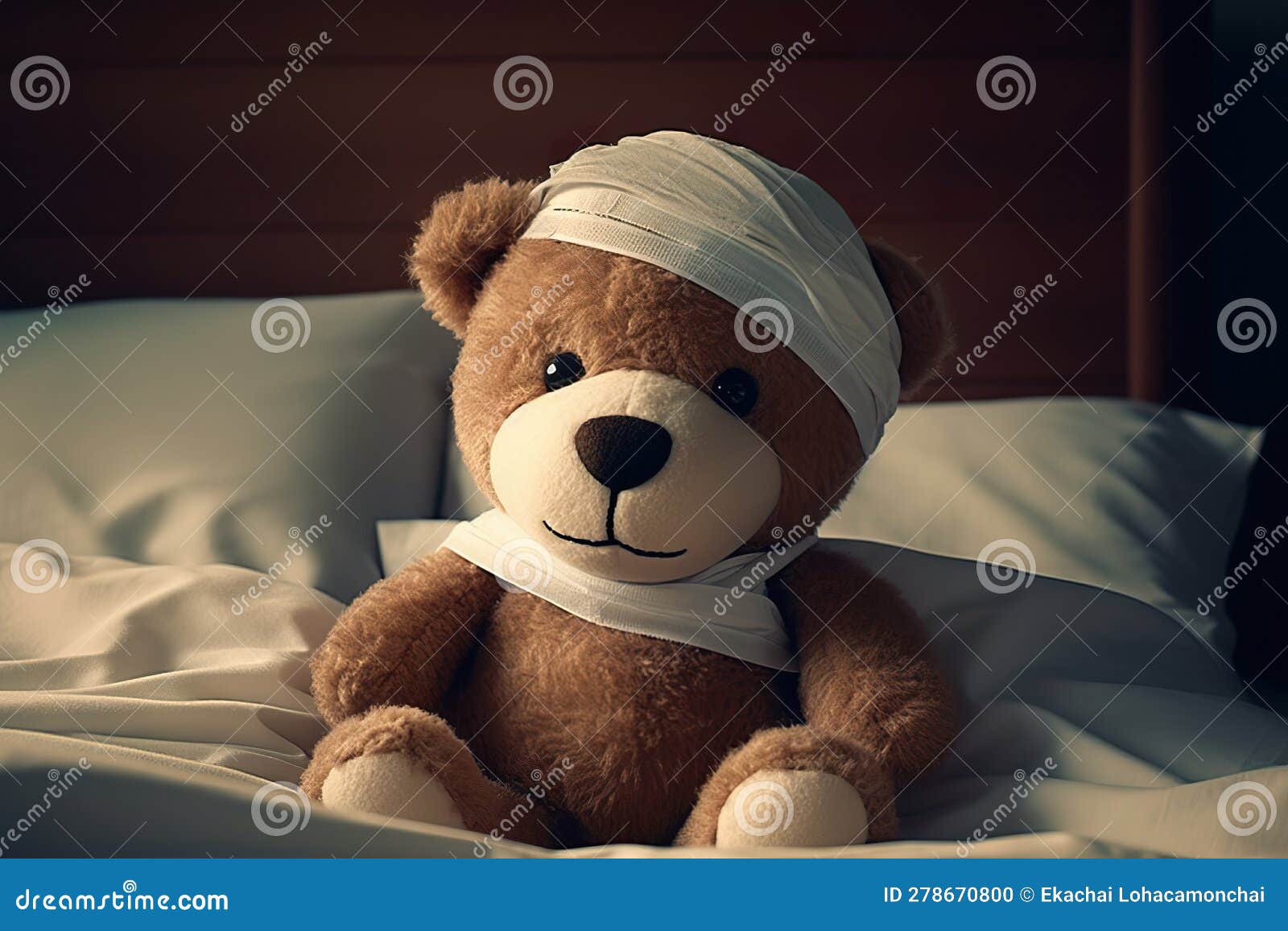 Teddy Bear with Bandage Resting Peacefully in Bed, Symbolizing Healing ...